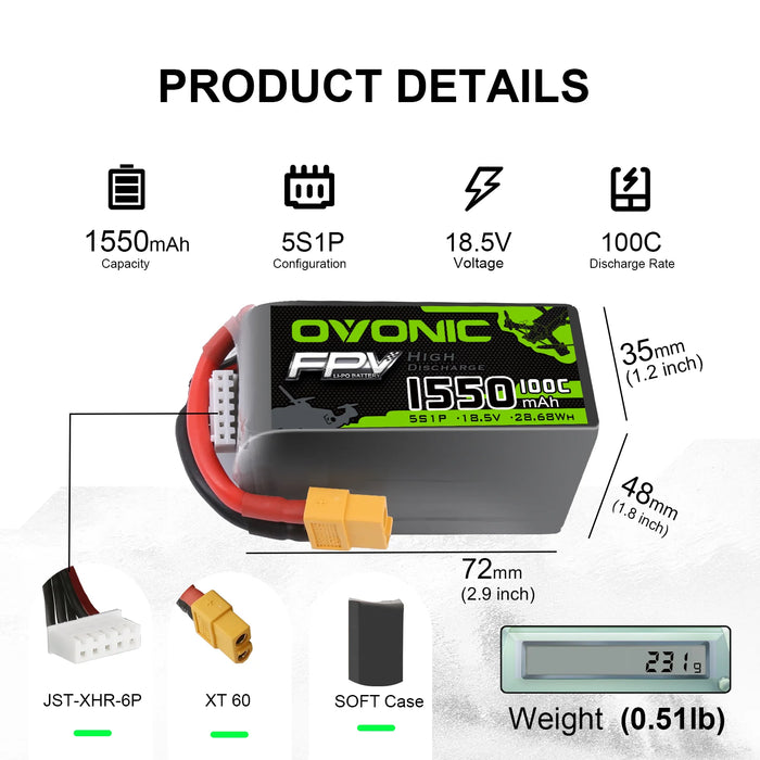 Ovonic FPV 5S 1550mAh 18,5V 100C XT60 LiPo Akku — LiPo24.de I Der Akku Profi